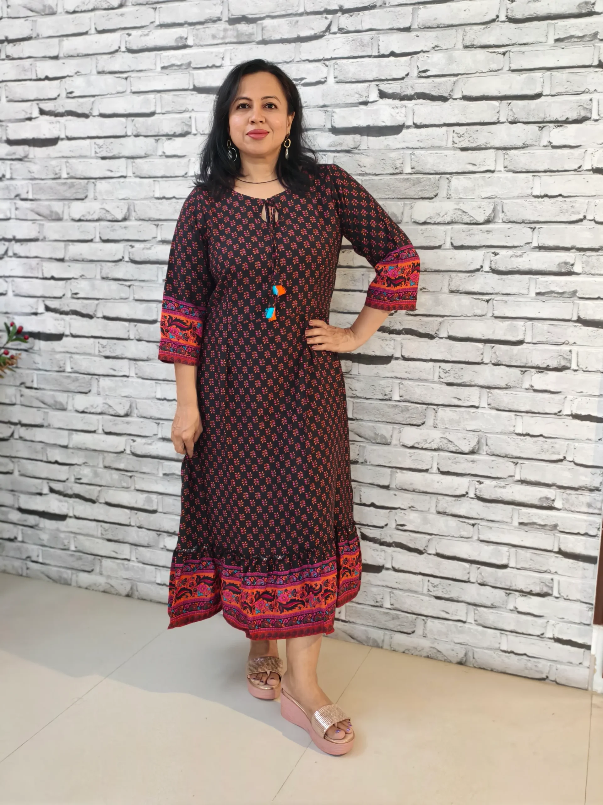 Boho Bloom Flared Kurti – Black & Magenta - Nine2Five-Clothing Brand