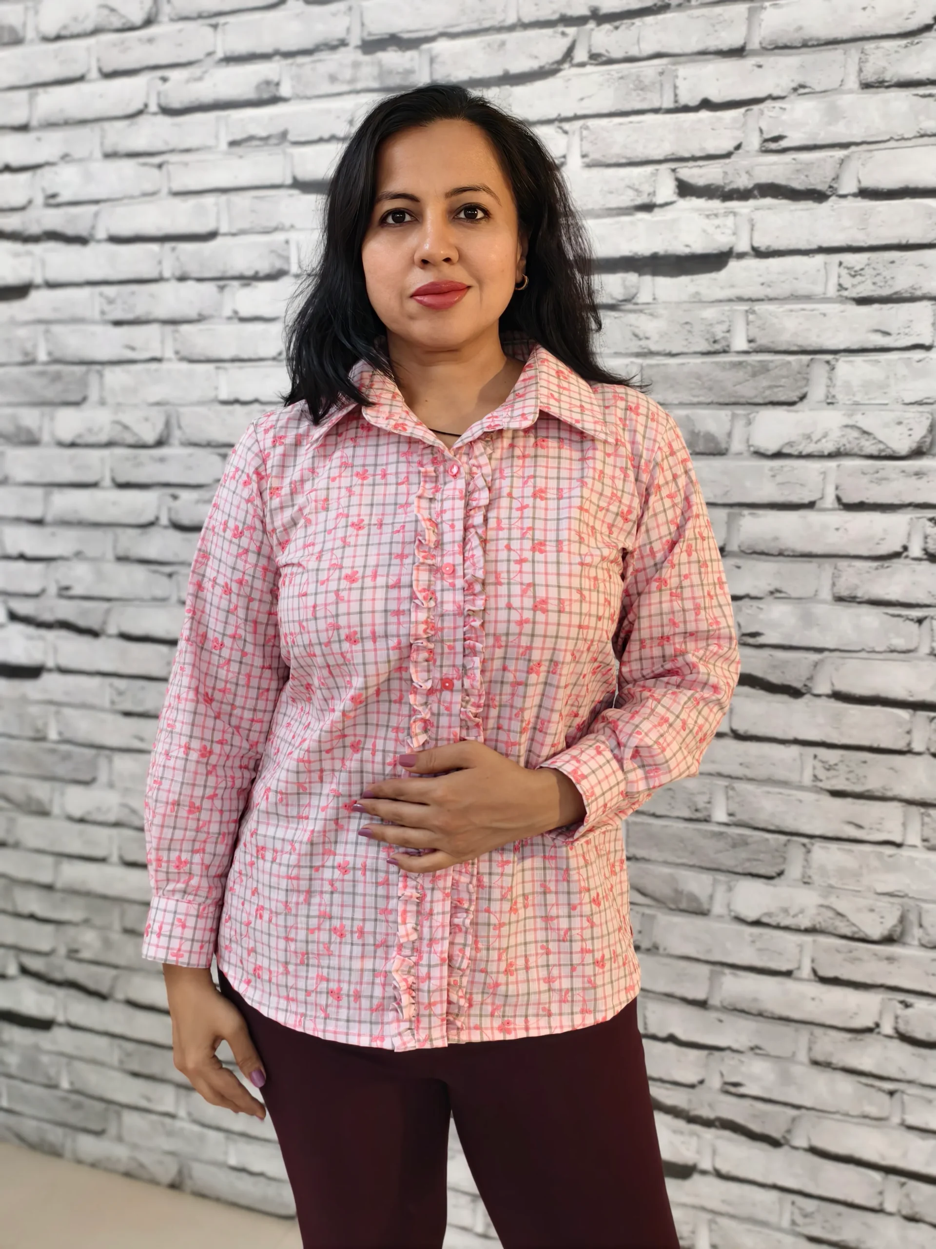 Pink Embroidered Cotton Shirt – Ruffle Front | Nine2Five - Nine2Five-Clothing Brand